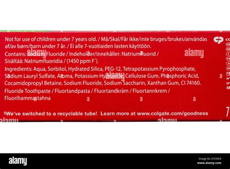 Toothpaste Ingredients Listed On Box Of Colgate Max White Luminous Fluoride Toothpaste Stock