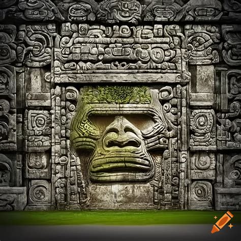 Ancient Moss Covered Temple Stone Door Engraved With Gorilla Face Mayan