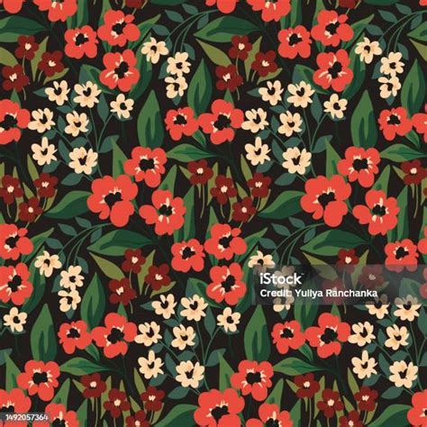 고풍스러운 정원이 있는 이음매 없는 꽃무늬 작은 야생화 가지 어두운 배경에 녹색 잎 벡터 0명에 대한 스톡 벡터 아트 및 기타 이미지 Istock