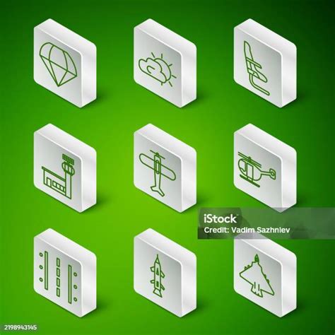 세트 라인 제트 전투기 로켓 낙하산 비행기 공항 관제탑 태양과 구름 날씨 활주로 및 헬리콥터 아이콘 벡터 3차원 형태에 대한 스톡 벡터 아트 및 기타 이미지 Istock