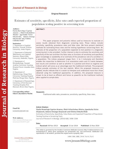 Pdf Estimates Of Sensitivity Specificity False Rates And Expected