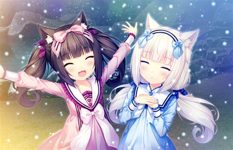 2girls Animal Ears Black Hair Catgirl Chocola Sayori Game Cg Loli