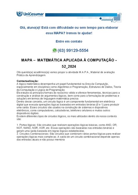 Mapa MatemÁtica Aplicada À ComputaÇÃo 52 2024 Olá Aluno A Está
