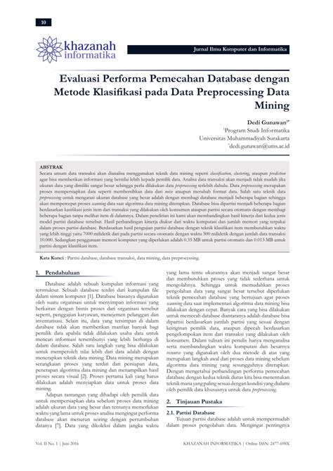Pdf Evaluasi Performa Pemecahan Database Dengan Metode Klasifikasi Pada Data Preprocessing
