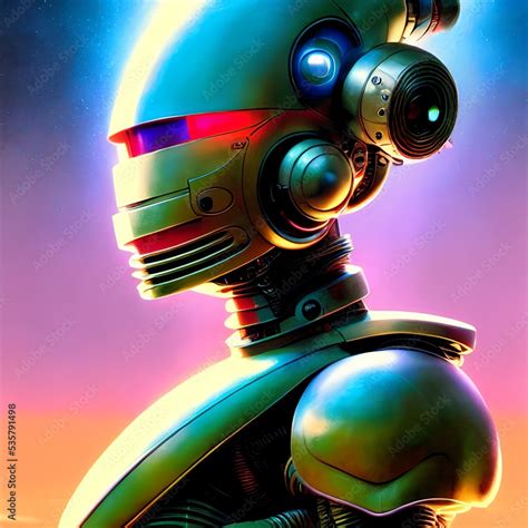Illustrated Portrait Concept Of A Cute Interstellar Robot Stock