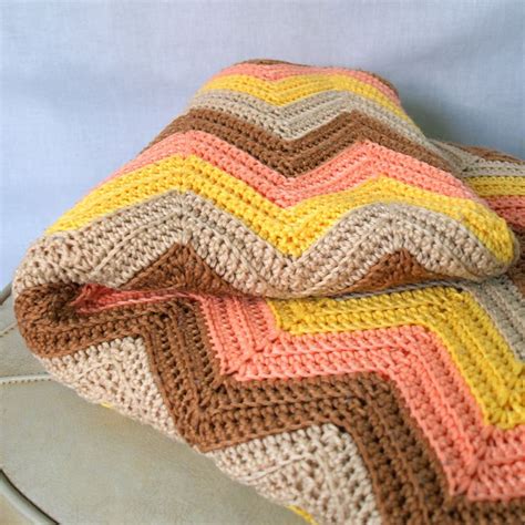 Cozy Knit Afghan Chevron Pattern 1970s Vintage Knitted Crochet Large