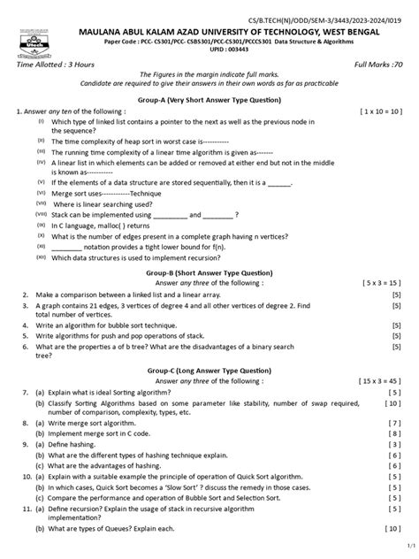 Btech Cse 3 Sem Data Structure And Algorithms Pcc Cs301 2024 Pdf Algorithms And Data