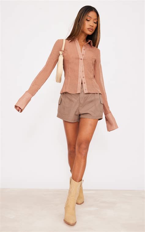 Terracotta Sheer Textured Fitted Shirt Tops Prettylittlething