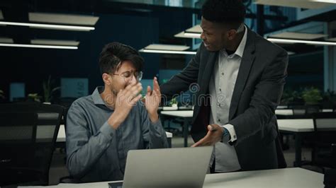 Annoyed Furious African Businessman Shout On Arabian Worker Angry Man