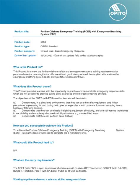 Further Offshore Emergency Training Foet With Emergency Breathing System Ebs Product Spec
