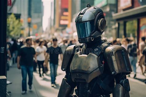A Robot Cop Patrolling The Street Stock Illustration Illustration Of