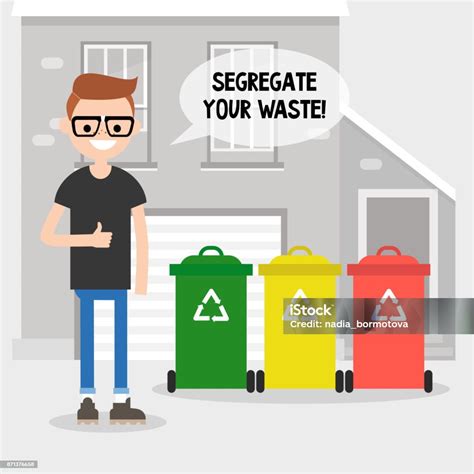 당신의 쓰레기를 분리 환경 친절 한 행동 개념적 그림입니다 젊은 그의 집 평면 편집 가능한 벡터 일러스트 레이 션 클립 아트의 뒤뜰에 서 문자 폐기물 처리에 대한 스톡 벡터