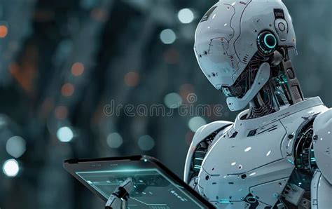 Robot Looking For Information On A Tablet Ai Centered World Concept