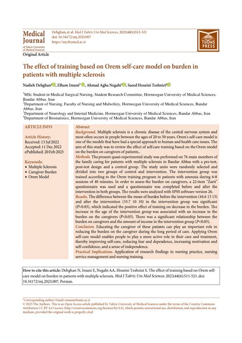 Pdf The Effect Of Training Based On Orem Self Care Model On Burden In Patients With Multiple