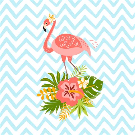 Pink Flamingo Hawaii Tropical Leaves Bouquet On Geometric Lines Zigzag