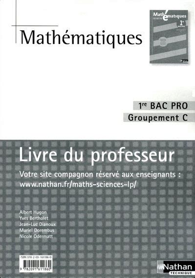 Mathématiques re Bac Pro Groupement C Livre du professeur poch broché Hugon Albert Yves