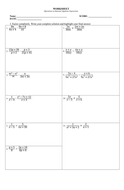 Worksheet On Operations On Rational Algebraic Expressions PDF Worksheets Library