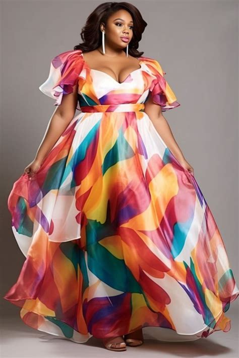Xpluswear Design Plus Size Semi Formal Multicolor All Over Print Petal