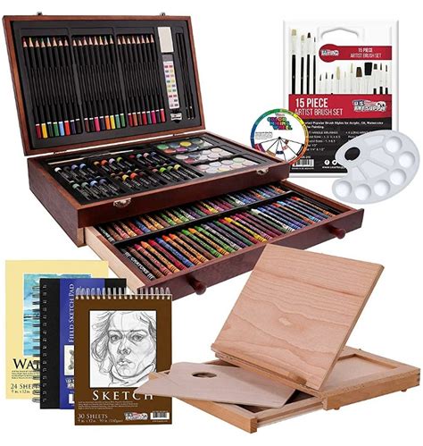 Us Art Supply 163피스 메가 디럭스 아트 페인팅 나무 상자에 드로잉 세트 책상 이젤 티몬