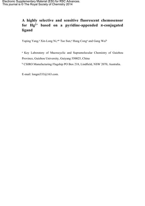 Pdf A Highly Selective And Sensitive Fluorescent Chemosensor For Hg2 Based On A Pyridine