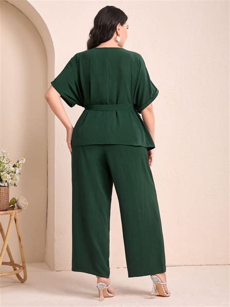 Shein Modely Plus Batwing Sleeve Belted Top And Wide Leg Pants Shein Usa