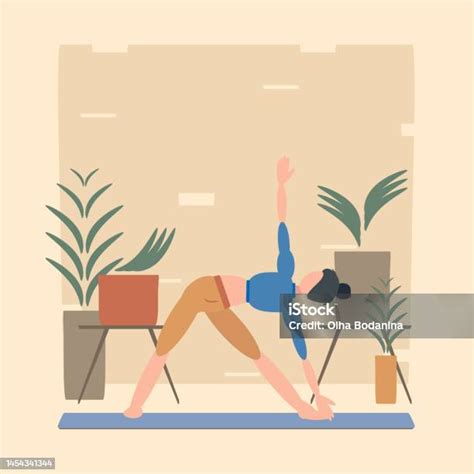 여자는 식물의 방의 배경에 대해 삼각형 자세 또는 Trikonasana에서 요가를 연습합니다 포스터 배너 엽서에 사용할 수 있습니다 가냘픈에 대한 스톡 벡터 아트 및 기타