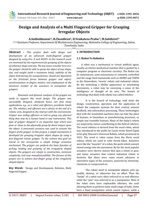 Design And Analysis Of A Multi Fingered Gripper For Grasping Irregular Objects Pdf Robotics
