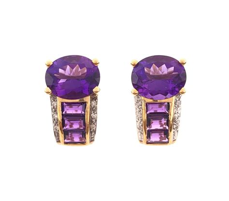Lot Pair Of 14k Yellow Gold Amethyst Diamond Earrings