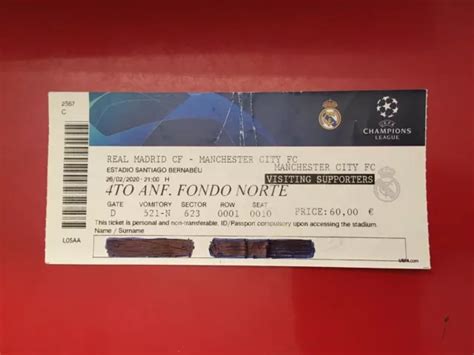 Real Madrid Manchester City Champions League Ticket Stub Santiago