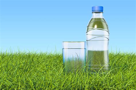 푸른 하늘 3d 렌더링에 대 한 녹색 잔디에 물의 유리를 가진 플라스틱 물 병 3차원 형태에 대한 스톡 사진 및 기타 이미지 3차원 형태 가득 찬 개념 Istock