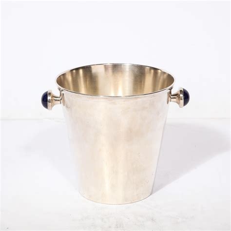 Mid Century Modernist Silverplate Ice Bucket With Inlaid Lapis Lazuli