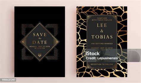 웨딩 카드 템플릿의 아름다운 세트 기하학적 다면체 결혼식 초대장 고급 템플릿 장식 패턴에 대한 아르 데코 스타일의 골드 컬렉션입니다 결혼 반지에 대한 스톡 벡터 아트 및