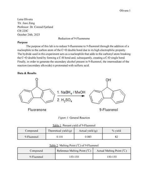Reduction Of 9 Fluorenone Lena Olivera Ta Jiaxi Zeng Professor Dr