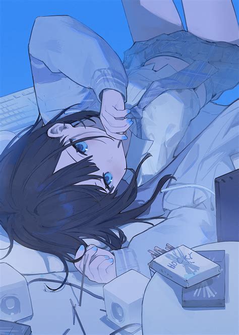 Wani4ni Original Commentary English Commentary 1girl Black Hair Blue Background Blue Eyes