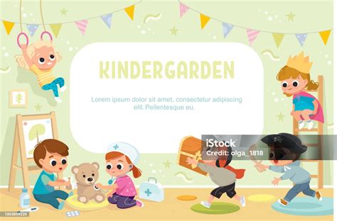 아이들은 친절한 정원에서 놀아요 역할 놀이를하는 아이들 배경 주제에 대한 스톡 벡터 아트 및 기타 이미지 배경 주제 그림책 아이 Istock