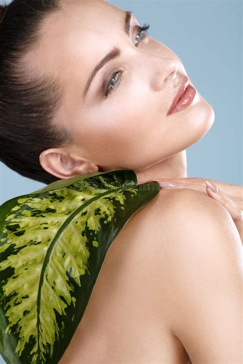 Natural Beauty Beautiful Woman Face In Green Leaves Stock Image