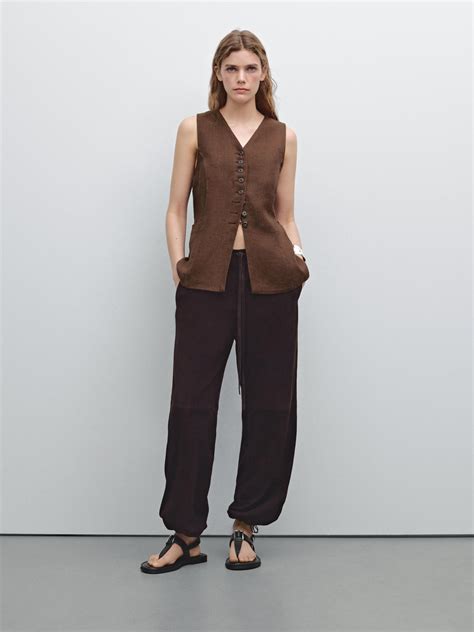 Long Waistcoat With Linen Fabric Detail · Russet · Coats And Jackets