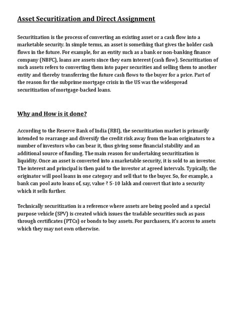 Asset Securitization And Direct Assignment Pdf Securitization Asset Backed Security