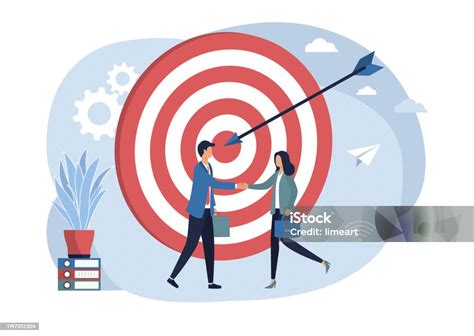 창조적 인 남자와 여자가 악수합니다 회사의 목표 파트너십 장기 계획 및 관리 전략 팀워크를 달성하는 개념 흰색 배경에 평면 그림을 벡터합니다 계획에 대한 스톡 벡터 아트 및