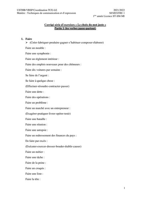 SOLUTION S Rie D Exercices Le Choix Du Mot Juste 1 Les Verbes Passe