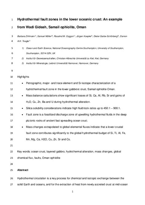 Pdf Hydrothermal Fault Zones In The Lower Oceanic Crust An Example From Wadi Gideah Samail