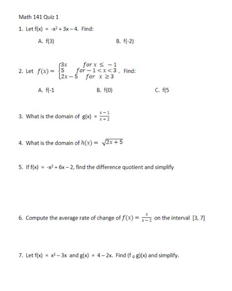 Solved Math 141 Quiz 1 1 Let F X X2 3x 4 Find A Chegg
