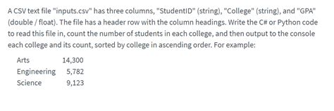 solved a csv text file inputs csv has three columns