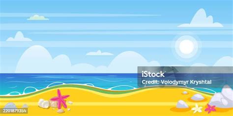 해변의 여름 풍경입니다 벡터 평면 만화 그림입니다 바다 바다 해변 여행 열대 휴가 배경 0명에 대한 스톡 벡터 아트 및 기타 이미지 Istock