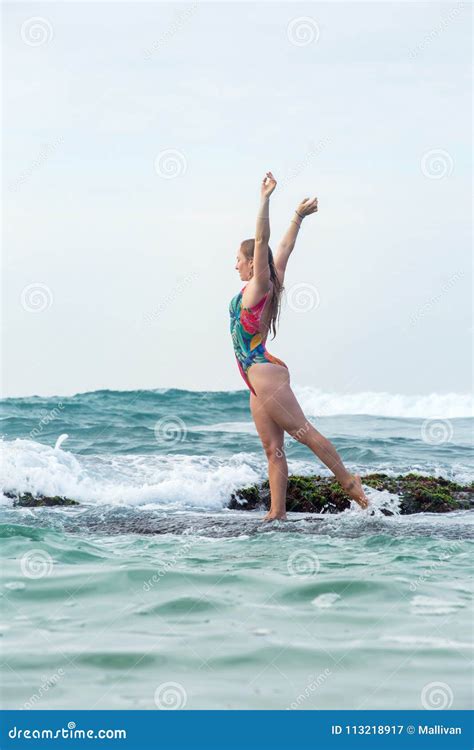 Free Woman In The Ocean Stock Image Image Of Rocks 113218917