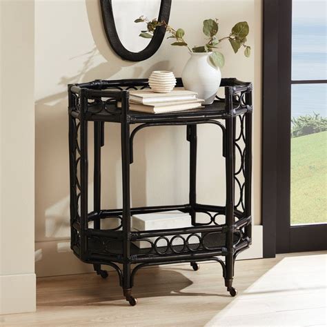 Raelyn Black Rattan Bar Cart Default Title Hudson Grace Dark Wood Shelves Rattan Bar Cart