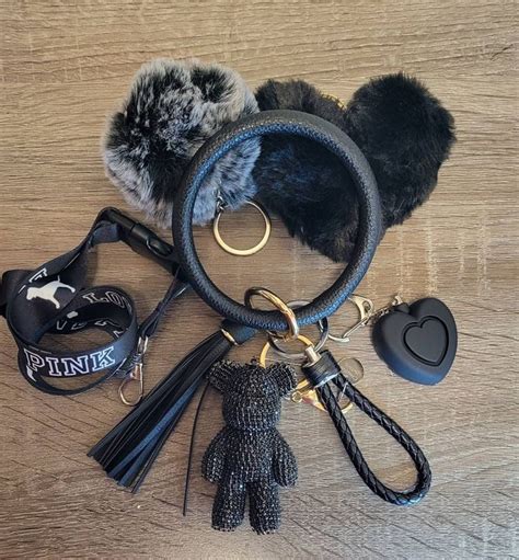 Safety Women Keychainet Glitter Teddy Bear Alarm Pom Pom Flashlight