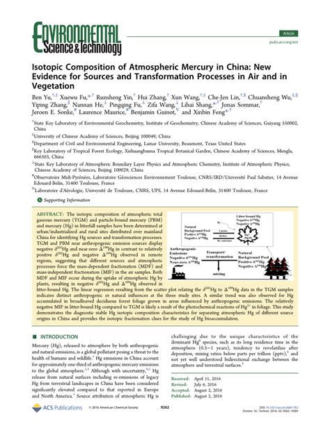 Pdf Isotopic Composition Of Atmospheric Mercury In China New Evidence For Sources And