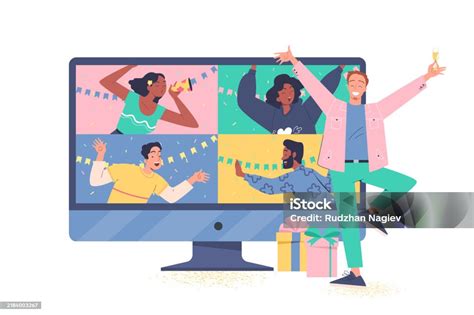 온라인 파티를 가진 남자 젊은 남자가 컴퓨터 화면 근처에서 춤을 춥니다 소셜 네트워크에서의 커뮤니케이션 및 상호 작용 메신저에서