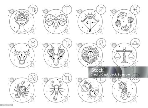 선 스타일의 조디악 표지판 흑인과 백인 Horoscope 아이콘 평면 벡터 일러스트 레이 션 0명에 대한 스톡 벡터 아트 및